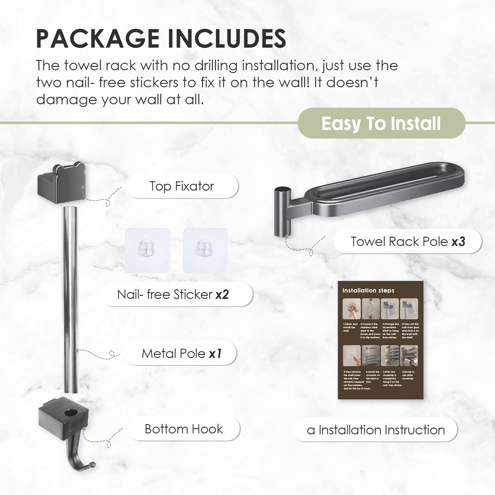 Pysrych No Drill Swivel Towel Rack Wall Mounted 3-Arm Towel Bar ABS Self-adhesive Towel Holder with Hook for Bathroom Shower Kitchen Black