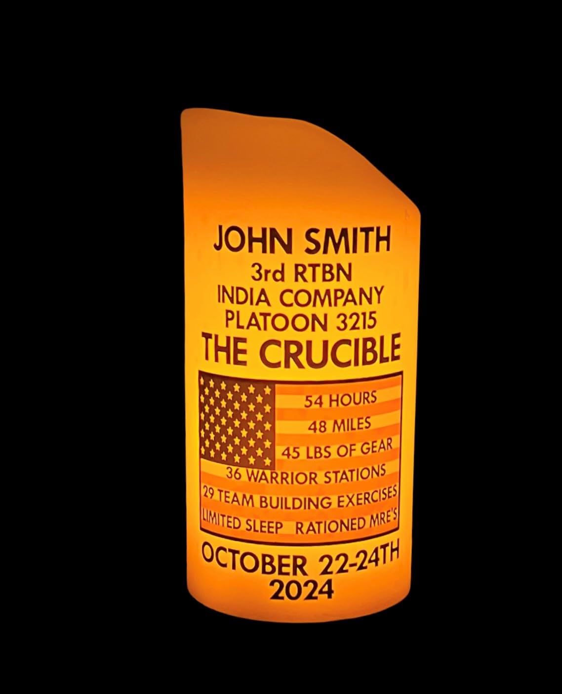 Ships Fast from Texas! Personalized Crucible Smooth Wax LED Flameless Flickering Prayer Candle with Name, Battalion, Company, and Platoon.