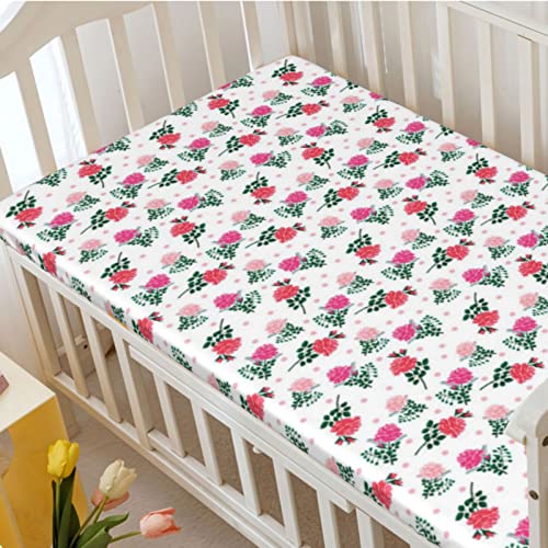 Rose Themed Fitted Mini Crib Sheets,Portable Mini Crib Sheets Soft and Breathable Bed Sheets-Great for Boy or Girl Room or Nursery,24β x38β,Rose Dark Coral