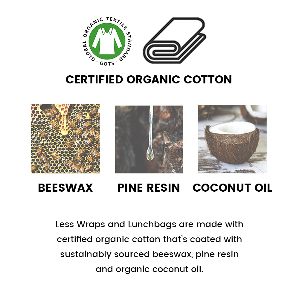 Less. Reusable Beeswax Lunch Bags, Size M (sandwich) Zero Waste Cotton Lunch Wrap, Plastic Free Alternative Storage Bag