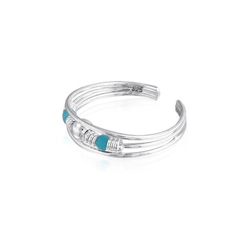 Geometric Boho Mid Finger Blue Crystal Bead Ball Split Band Midi Toe Ring For Women Teen Polished .925 Silver Sterling Adjustable Customizable