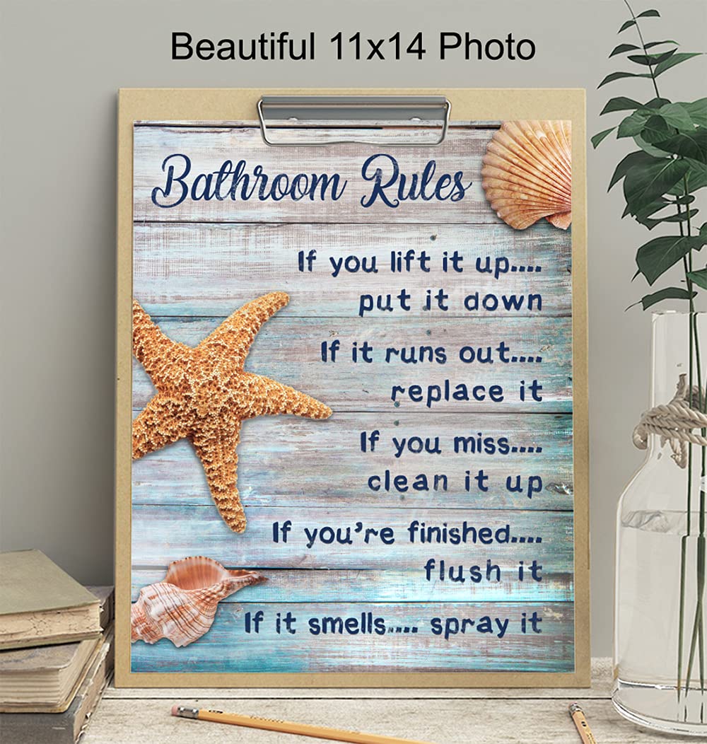 Nautical Rustic Bathroom Decor - LARGE 11x14 - Coastal Beach House Bathroom Rules Wall Art - Starfish, Seashells Restroom Sign, Bath Art - Ocean, Sea House Powder Room Art - Shabby Chic Gift