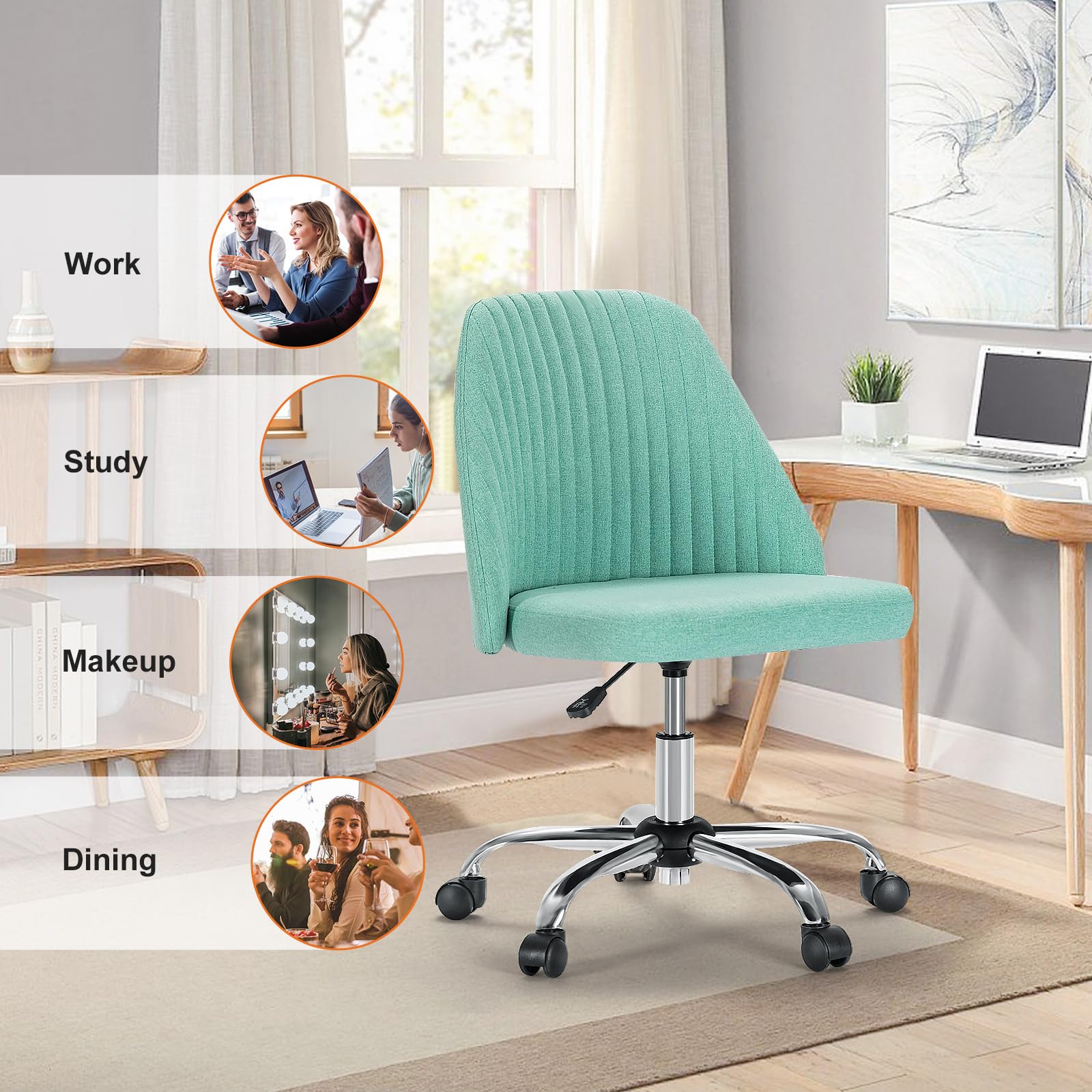 Sweetcrispy Armless Office Chair Modern Fabric Home Office Desk Chairs, Cute Desk Chair with Wheels Adjustable Swivel Task Computer Vanity Chair for Small Spaces