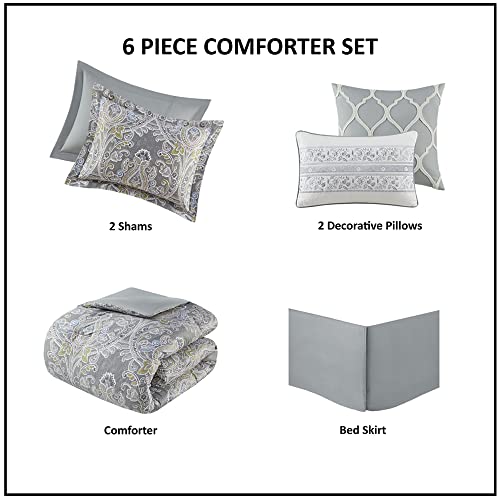 Harbor House Cozy Cotton Comforter Set - Classic Modern Design, All Season Down Alternative Casual Bedding, Matching Shams, Hallie, Damask Grey King(110"x96") 6 Piece