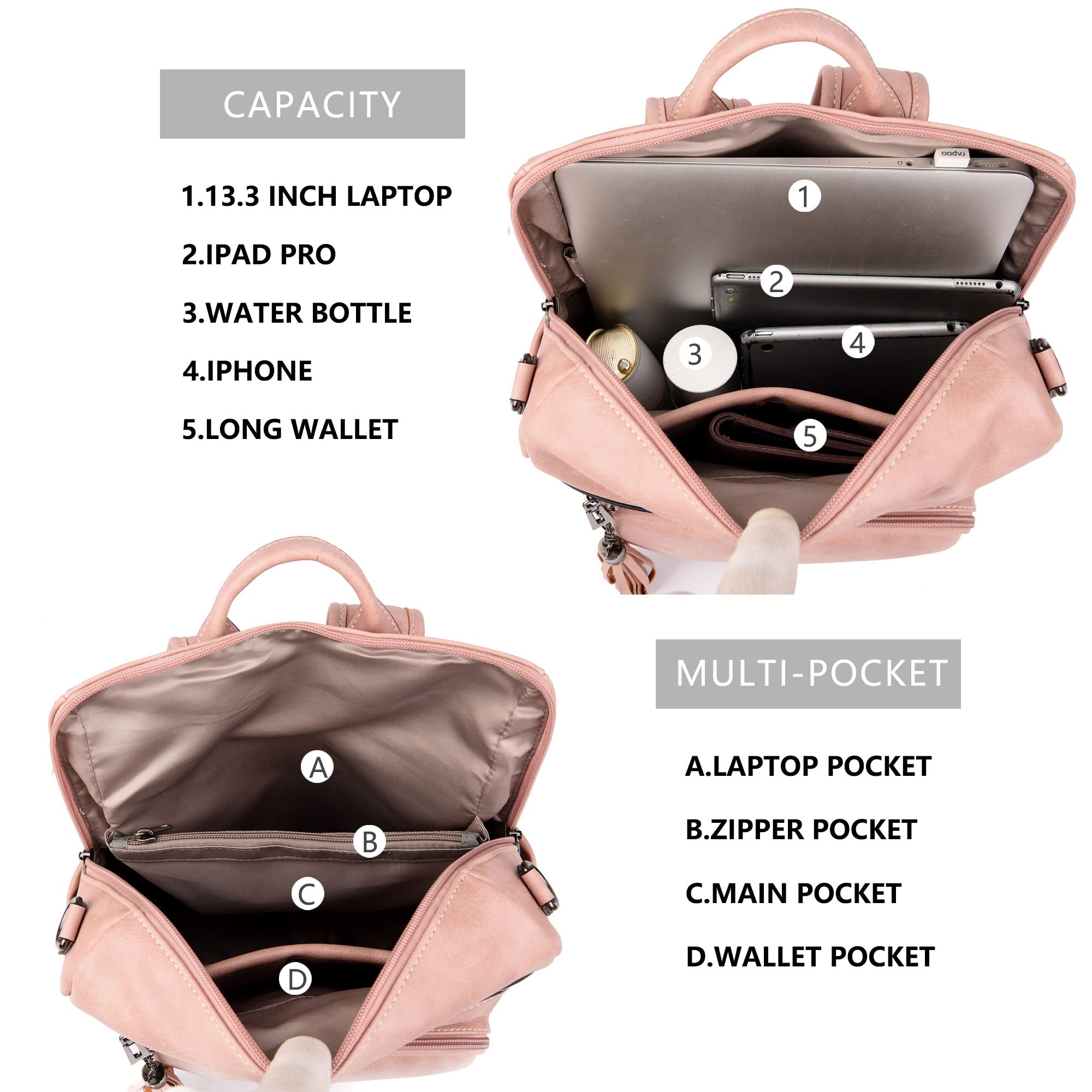 Mistour Backpack Purse for Women Leather Convertible Fashion Travel Womens Purse Backpack with Padded Shoulder Strap (Pink)