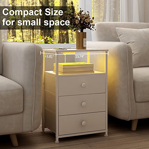 Tohomeor End Table with Charging Station LED Light Nightstand Bedroom Bed Side Dresser with 3 Fabric Drawers Open Storage Shelf Living Room Sofa End Table with USB Ports and Outlet (White, 1 Pack)