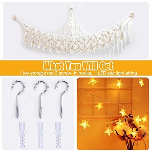 Stuffed Animal Toy Storage net or Hammock with LED Light Toy Net Hammock for Stuffed Animals with 3 Hooks Toy Organizer and Storage for Kids Bedroom