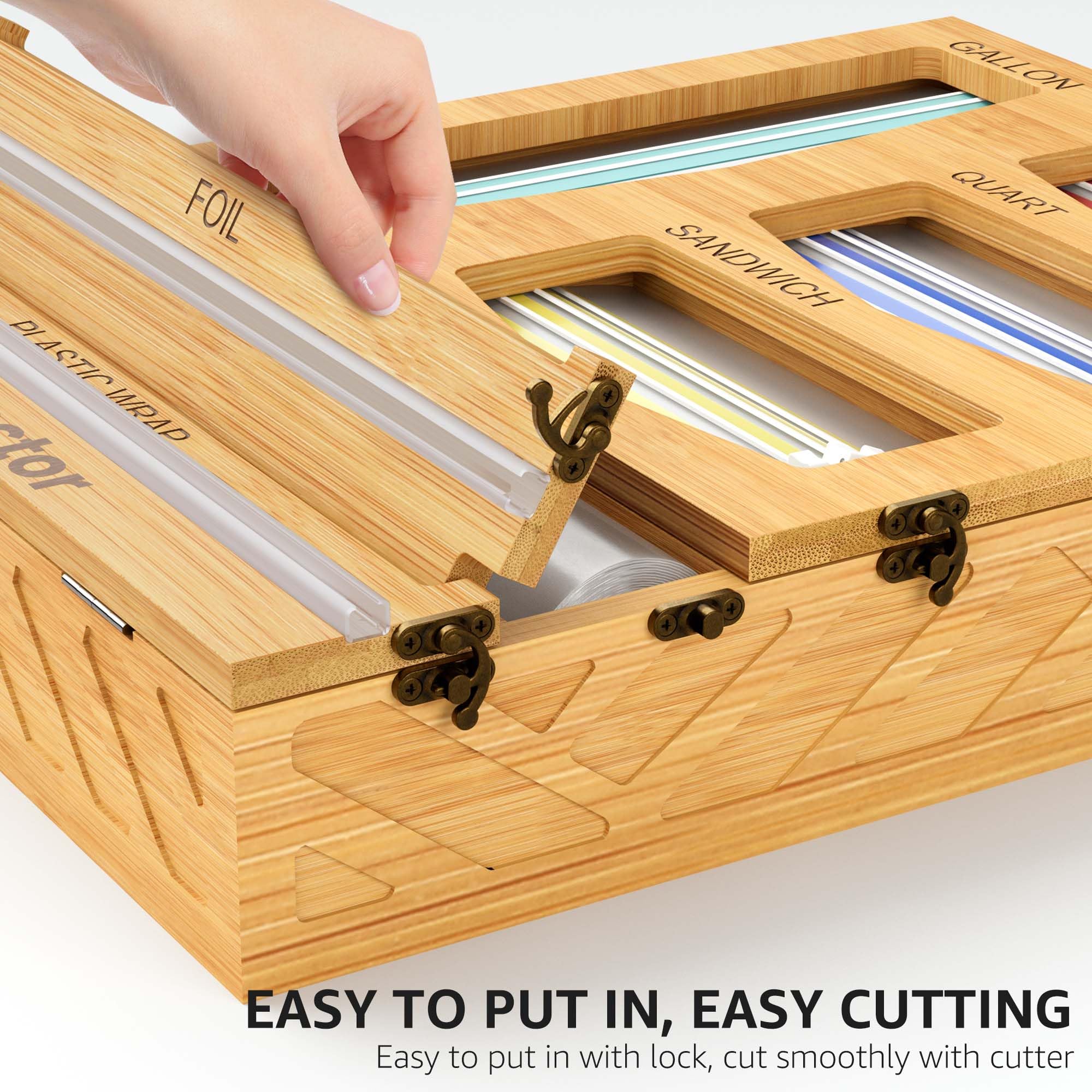 Uamector Bag Storage Organizer Perfect for Kitchen Drawer, 6 in 1 Bamboo Foil and Plastic Wrap with Cutter, Storage Bag Organizers Compatible Gallon, Quart, Sandwich Snack Size