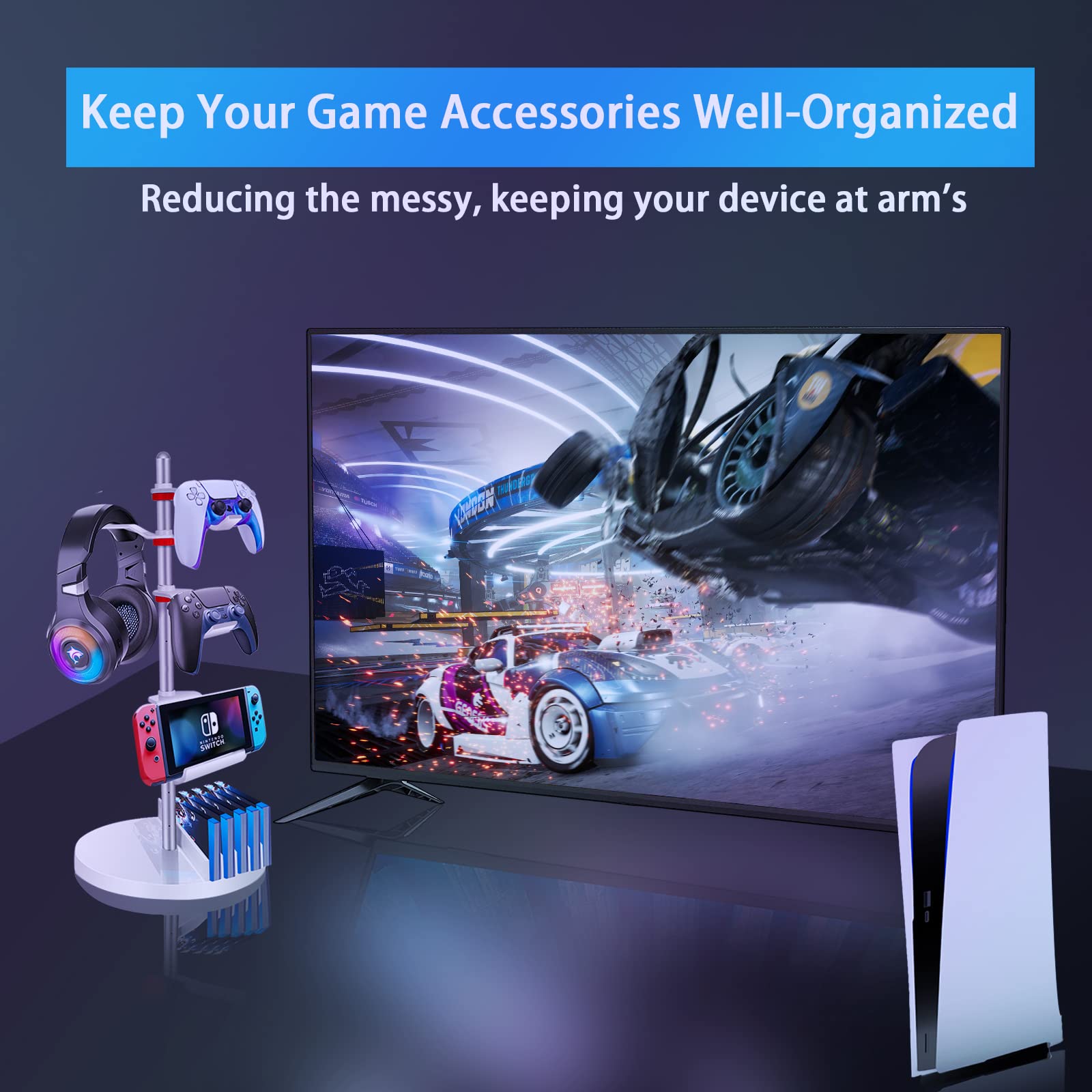 Headphone Stand,Adjustable Controller Holder & Headset Stand for Desk,Aluminum & Thickened ABS Controller Stand Mount Compatible with Nintendo Switch,Xbox,PS5,CD,iPad,PC Gaming Accessories,White
