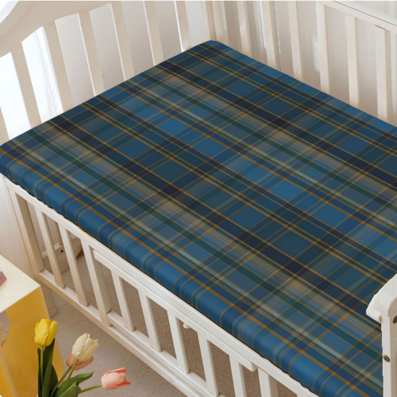 Plaid Themed Fitted Mini Crib Sheets,Portable Mini Crib Sheets Ultra Soft Material-Baby Sheet for Boys Girls,24β x38β,Pale Teal Marigold Blue