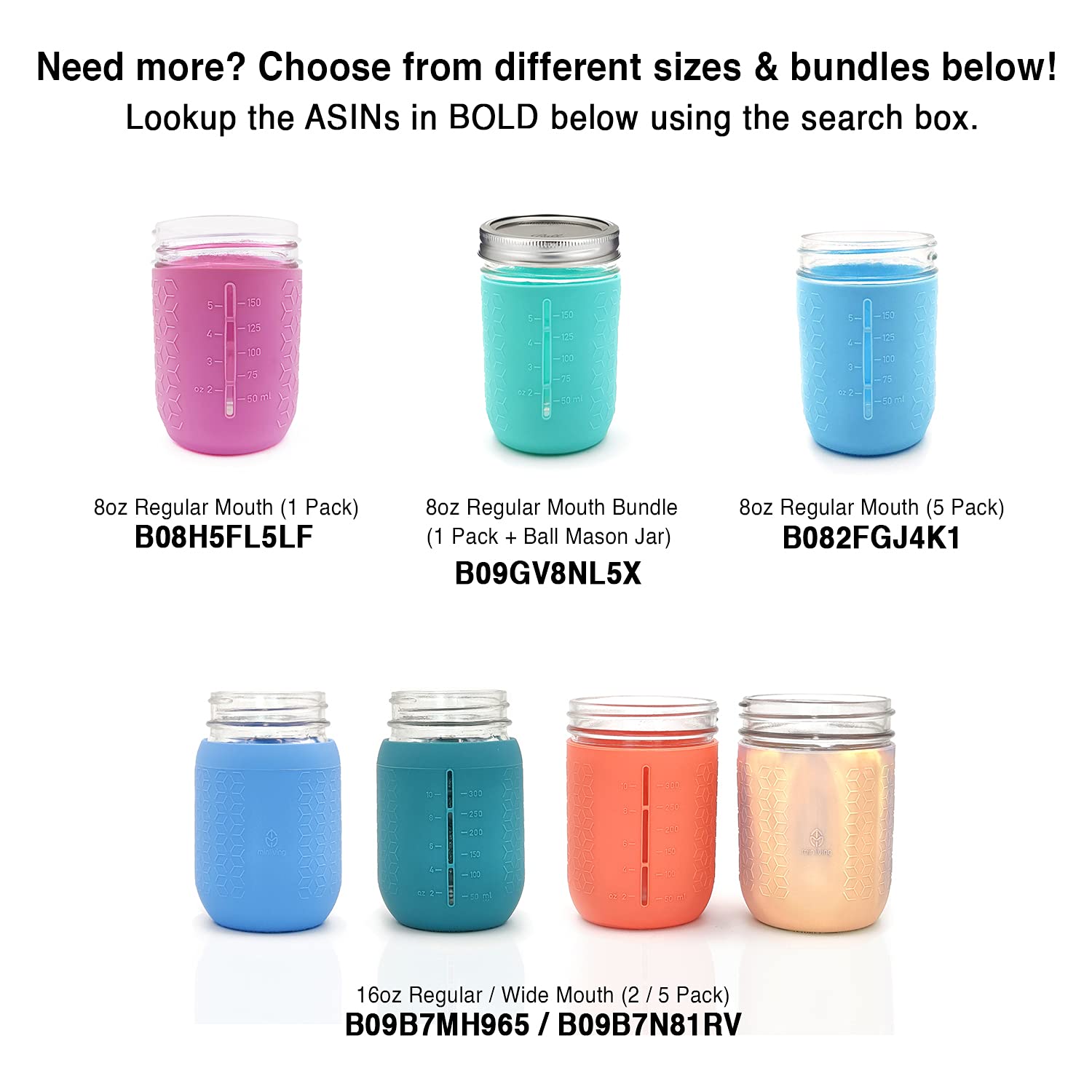 minliving Silicone Mason Jar Sleeve, Kids Cup Holder 5 Pack Value Combo Anti-slip protection - Fits 8oz REGULAR mouth Jelly Canning, Ball and Kerr Jars (5, Multicolor) (Colorful Combo)