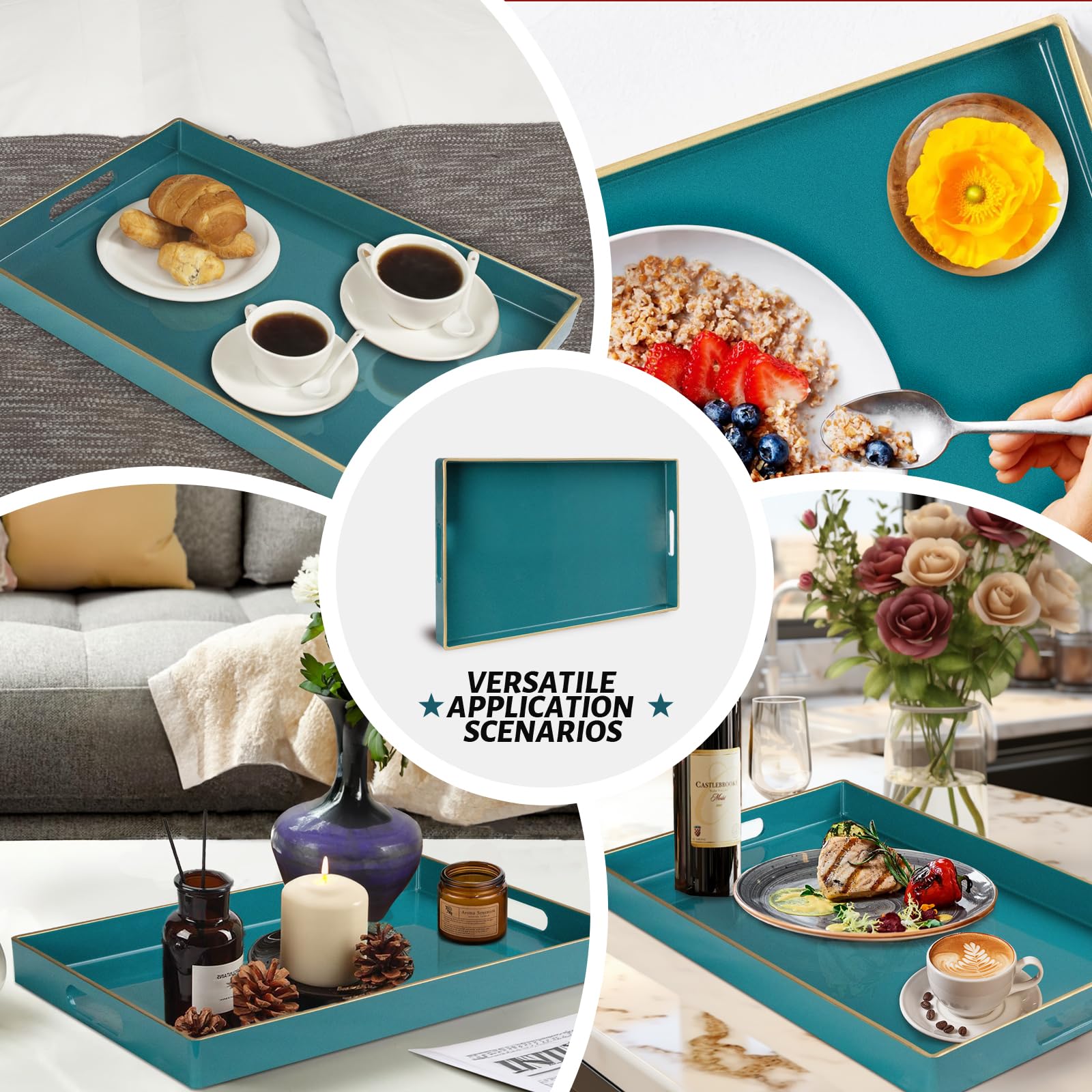 MAONAME Teal Serving Tray with Handles, Modern Decorative Tray for Coffee Table, Plastic Rectangular Tray for Ottoman, Bathroom, Decor, 15.75β x 10.2β x1.57
