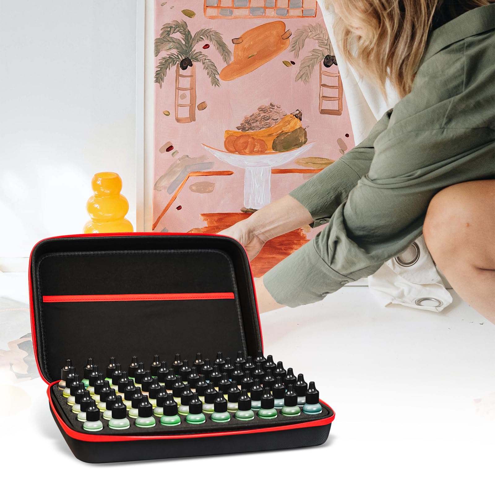 ZORETCO Alcohol Ink Storage Case,60 Bottles Miniature Paint Organizer with Foam Bases and Inner Storage Pocket (Ink not Included)
