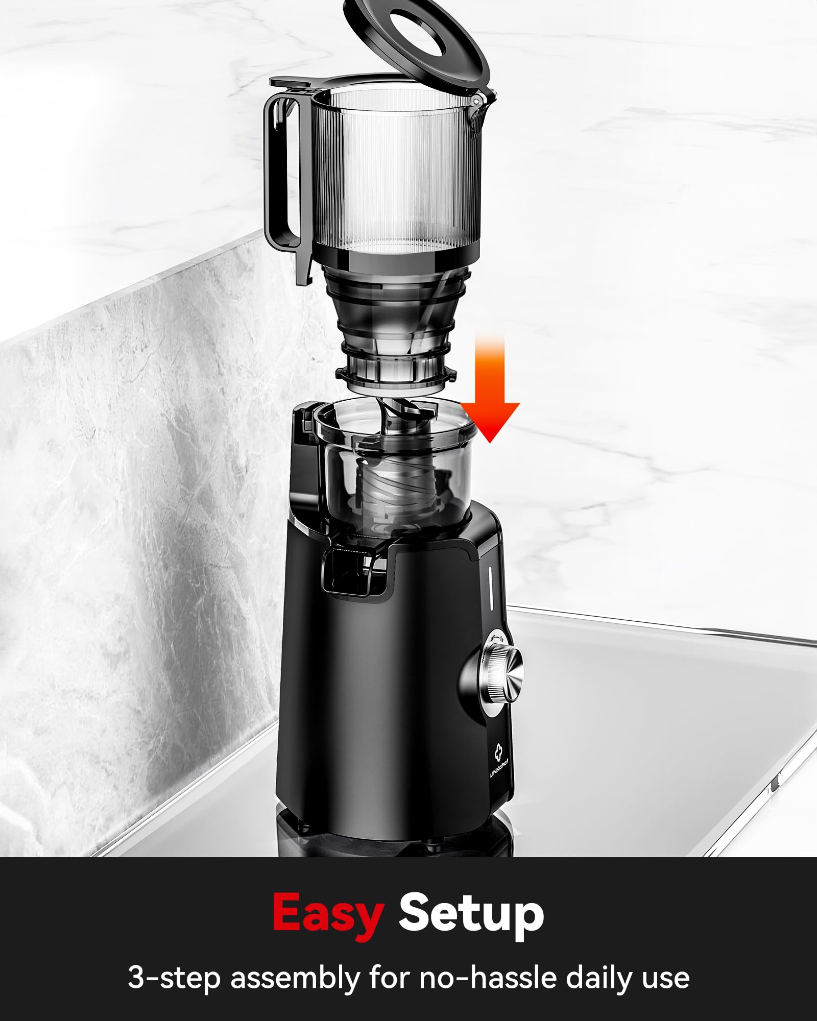 Rush Clear Slow Masticating Juicer Machines, Cold Press Juicer with No-Prep 4.35" Feed Chute Fit Whole Fruits & Vegetables Juicer Machine Easy to Clean, LINKChef 42oz Capacity, 200w, Blackout