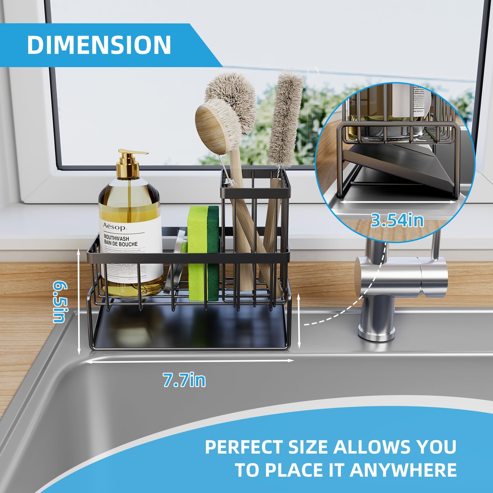 Sponge Holder for Kitchen Sink - Rustproof Sink Caddy with Brush Holder, Self-Drainage Kitchen Sink Organizers and Storage Dish Soap Dispenser Home Essentials Organization Accessories, Black