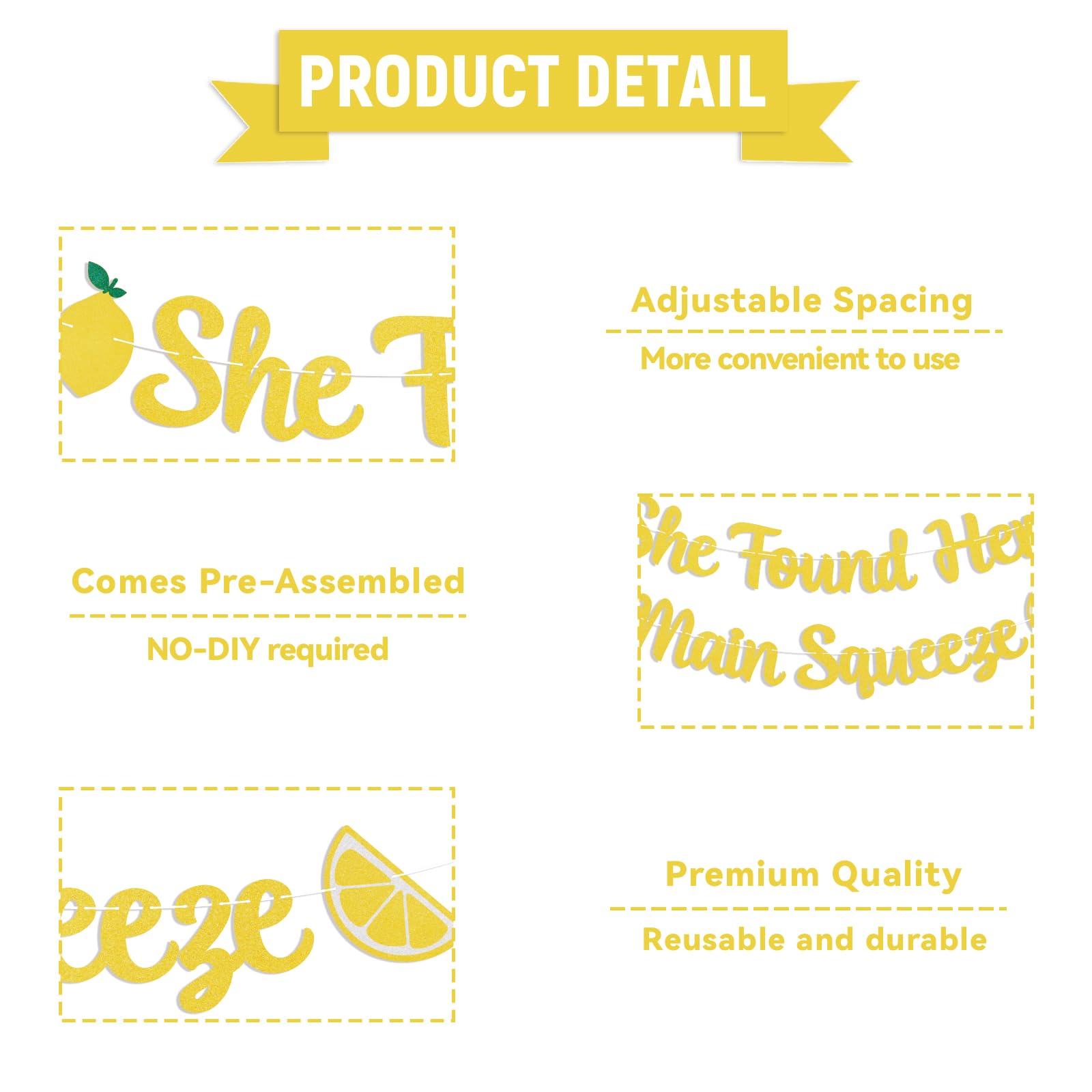 She Found Her Main Squeeze Banner - Spritz OโClock Banner, Lemon Citrus Lemonade Theme Bridal Shower Bride to Be Wedding Engagement Bachelorette Party Supplies Gold Glitter