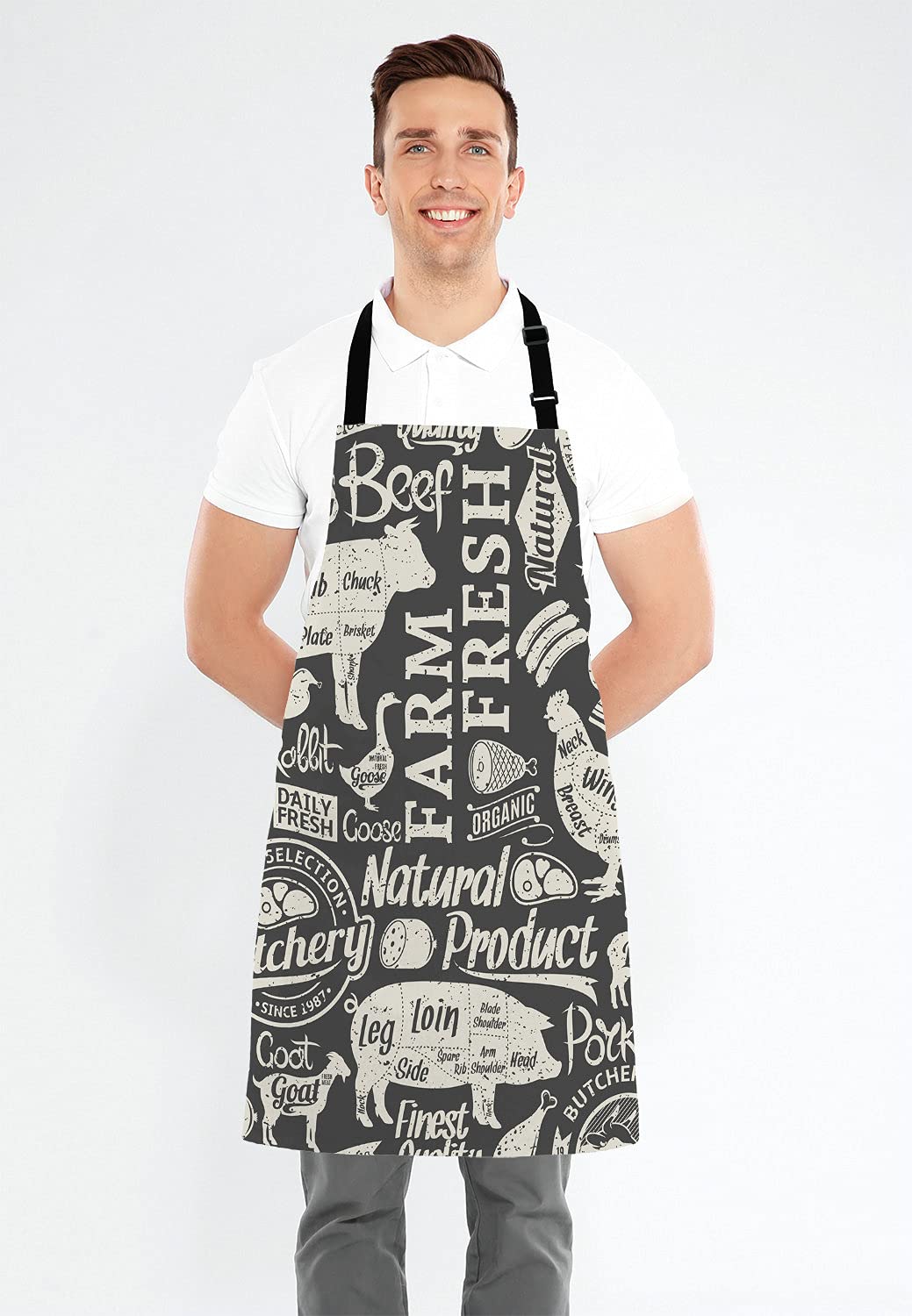 Lefolen Butcher Butchery Animal Adjustable Bib Apron Kitchen Cooking Baking Gardening Apron for Women Men