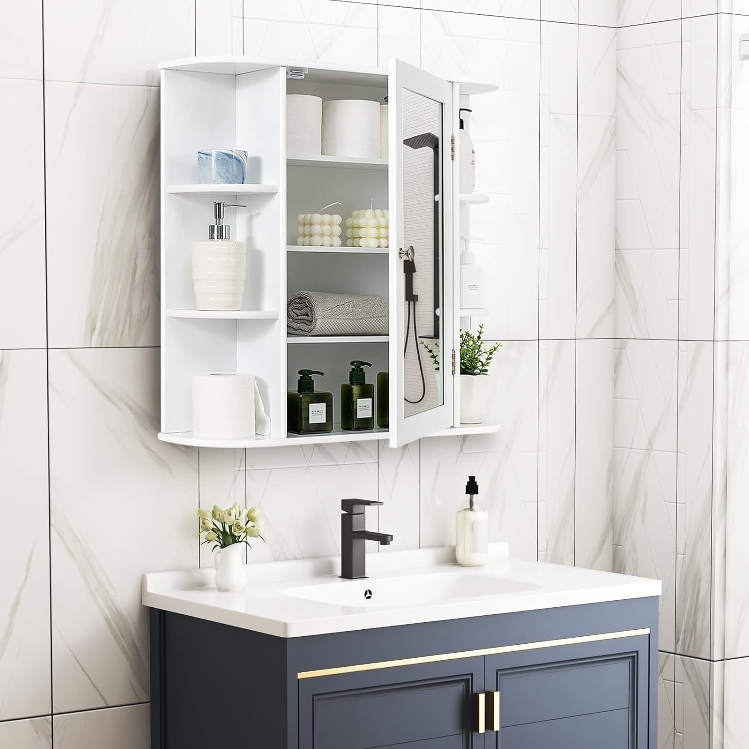 RELAX4LIFE Bathroom Wall Cabinet with Mirror - Medicine Cabinet w/Door, 6 Open Shelves & Adjustable Shelves, Over The Toilet Storage Cabinet Organizer, Mirrored Bathroom Cabinet Wall Mount (White)
