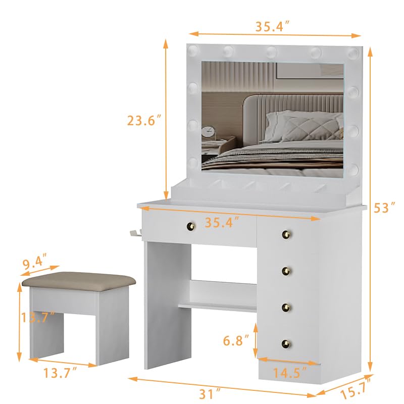 VIVILIFE 36’’ W Vanity Set, Vanity Desk with Power Outlet, Makeup Table with Mirror and LED Lights, Adjustable Lighting, 5 Drawer and Functional Desk Surface, Bedroom Choice for Women and Girls