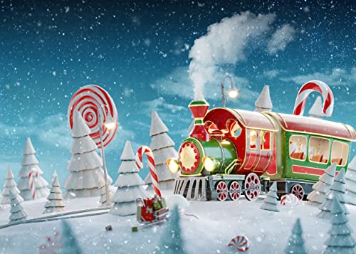 LYWYGG 7x5ft Christmas Backdrop Winter Snowy Christmas Backdrop Christmas Red Candy Train Backdrop New Year Wallpaper Family Party Decor Holiday Party Party Atmosphere Background CP-305