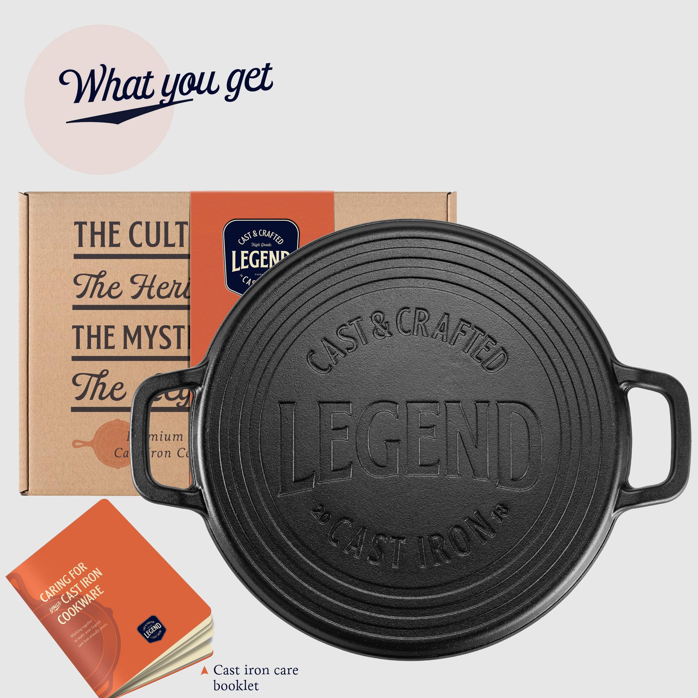 Legend Cast iron Pizza Pan | 14” Steel Pizza Cooker with Easy Grip Handles | Deep Stone for Oven or Griddle for Gas, Induction, Grilling | Lightly Pre-Seasoned Cookware Gets Better with Use
