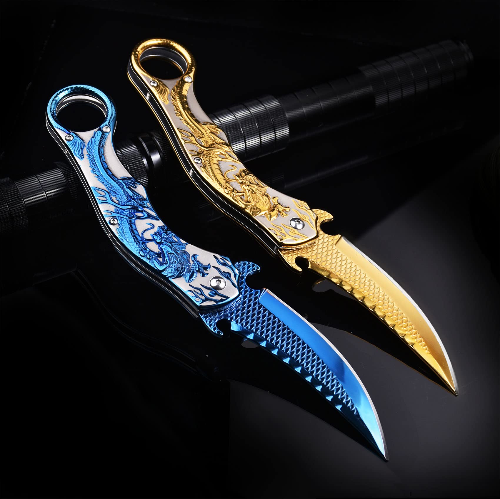 Pocket Knife for Men, Cool Folding Knife With 3D Golden Dragon Relief, Great Gift Edc Knife For Men Outdoor Survival Camping Hiking Hunting