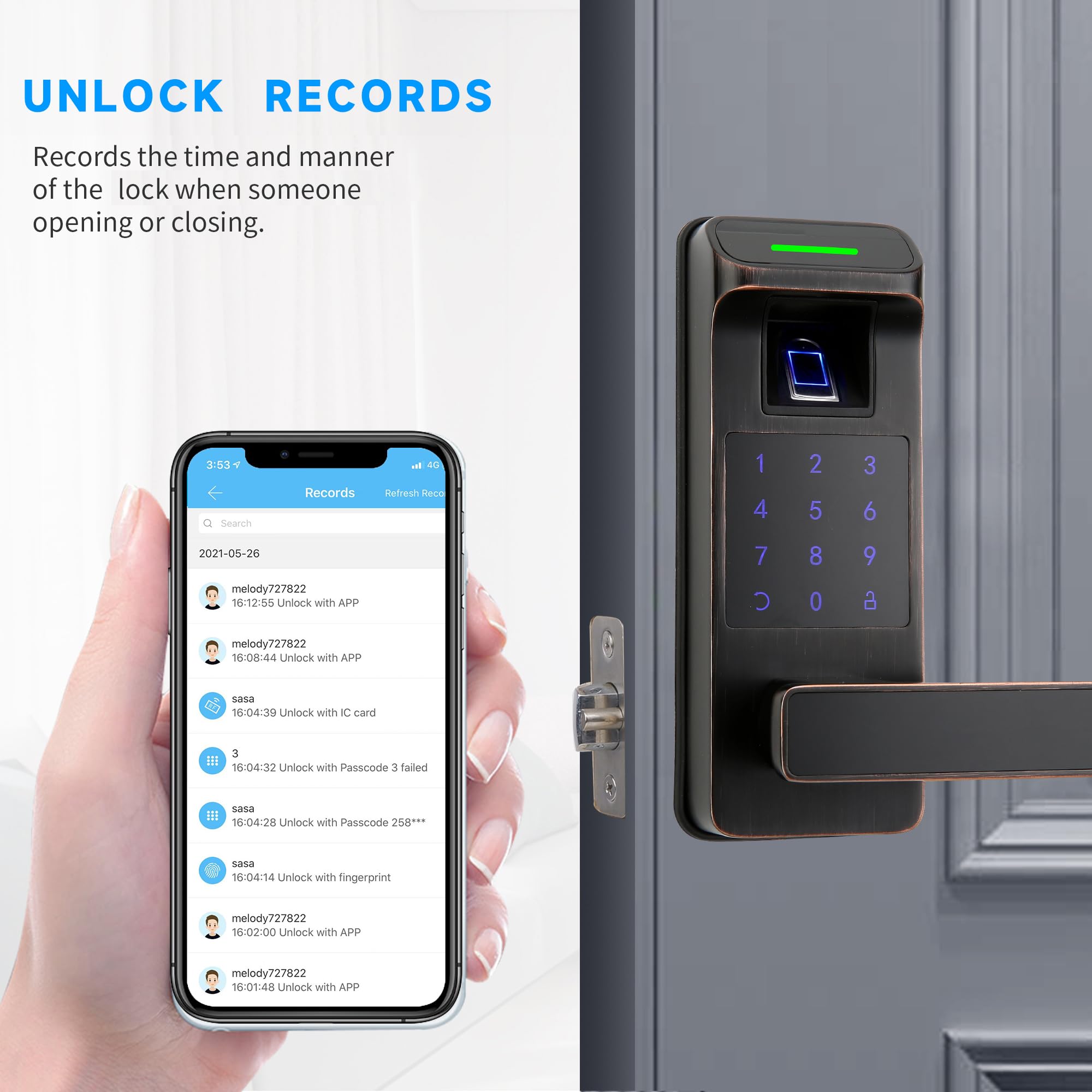 HARFO Fingerprint Door Lock with Touchscreen and OLED Display, Keyless Entry Door Lock with Keypad, Door Level, Passcode Door Lock for Office Home (Aged Bronze)