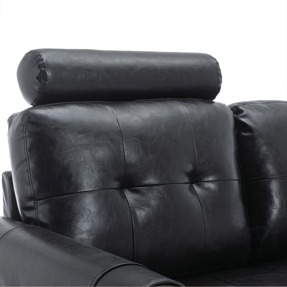 P PURLOVE L Shaped Sectional Sofa Couch,Modern Faux Leather Living Room Sofa, Modular 3 Seat Sofa Sectional with Storage and Cupholder for Apartment Office,(Black PU)