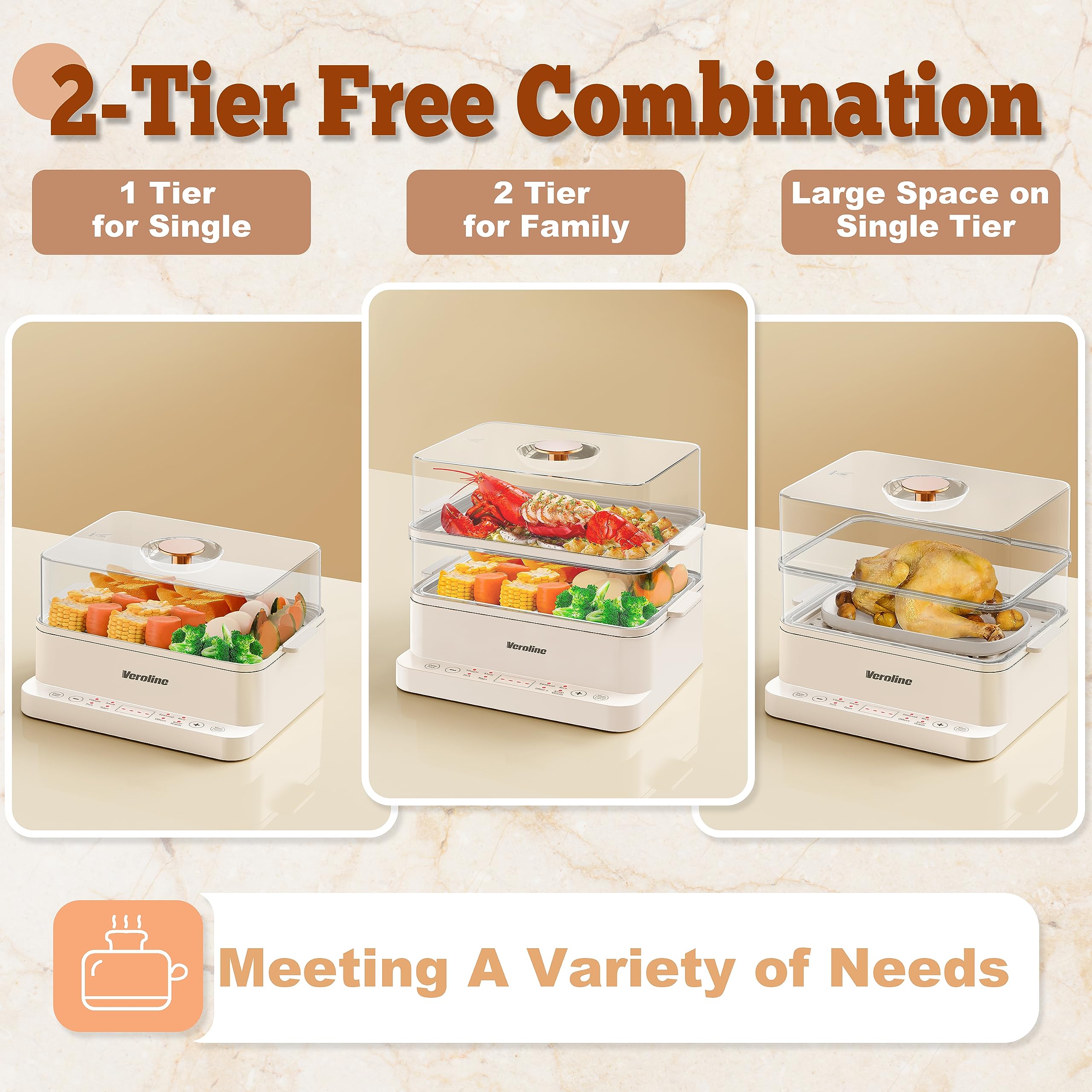 Veroline Electric Food Steamer for Cooking, 6.4Qt Vegetable Steamer with 2-Tier BPA-Free Steam Trays, Quick Simultaneous Cooking for Veggies, Meats, Rice, Seafood, 500W Heating, 24H Delay Start Timer