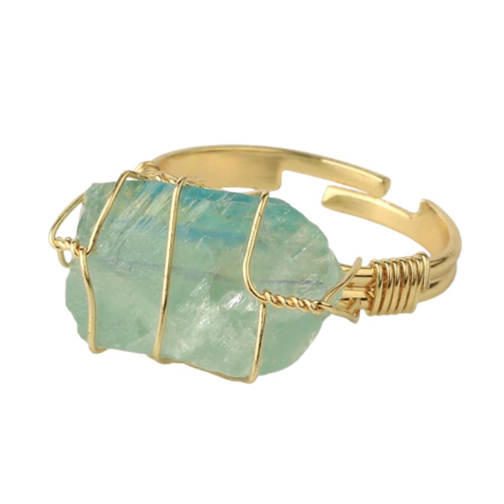 Healing Chakra Crystal Ring Handmade Wire Wrap Natural Rock Rings Adjustable Natural Crystal Original Stone Ring Retro Gemstone Opening Wired Wrapped Rings Jewelry-Green Fluorite