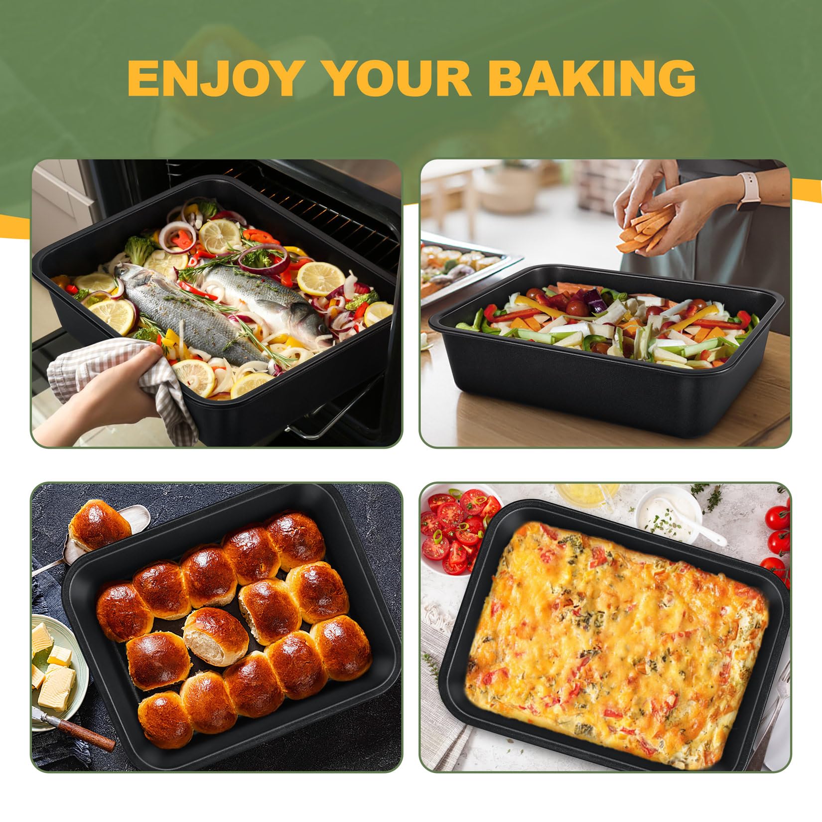 P&P CHEF 12.7 Inch Lasagna Pan, Nonstick Rectangular Baking Cake Pan for Brownie Lasagna, Deep Roasting Pan for Oven Use, Stainless Steel Core & 3.2 Inch Deep Side, Healthy & Sturdy, Black