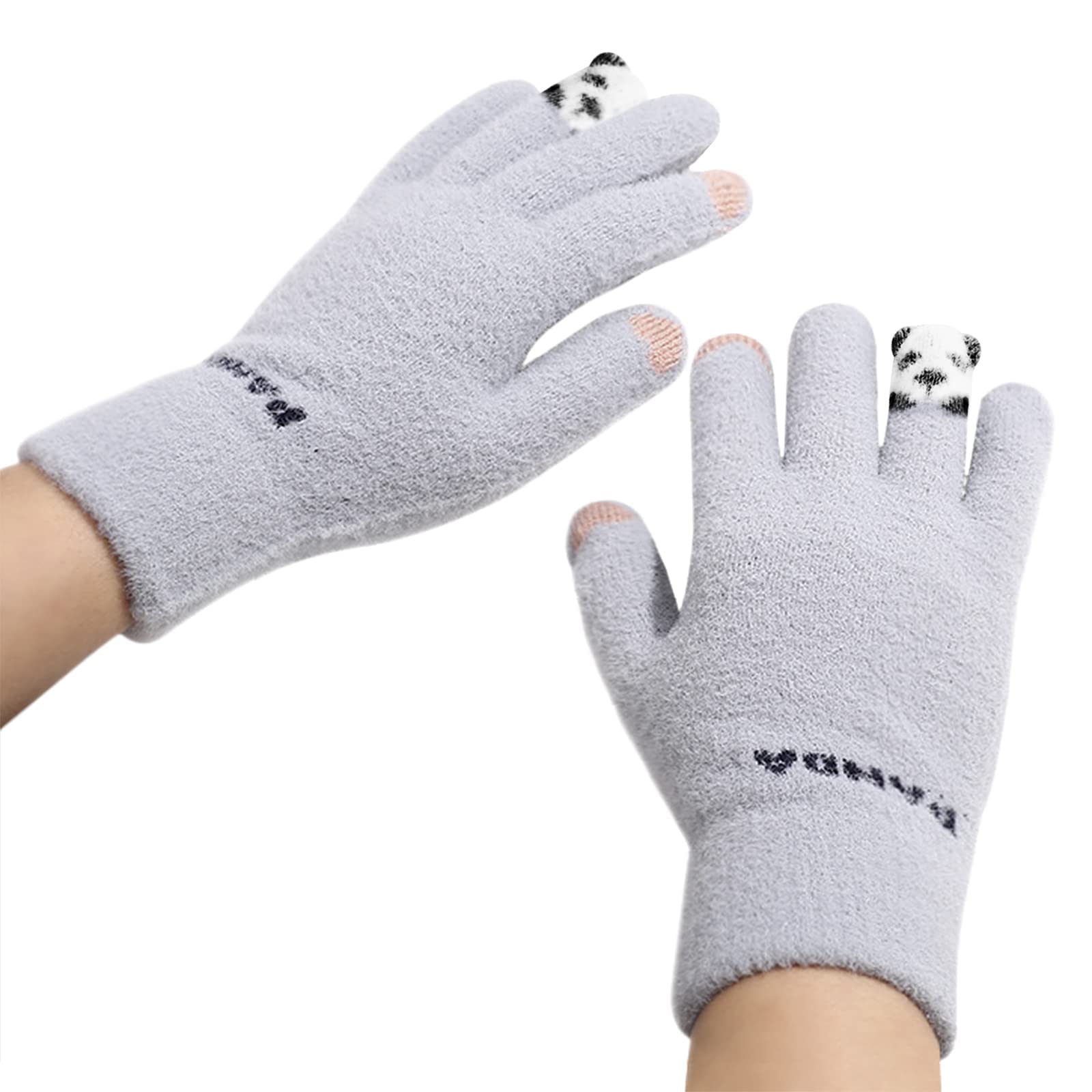OhMill Touch Screen Cute Knitting Soft Gloves Lovely Panda Gloves for Cold Winter Windproof Cycling Hiking Running Gloves (Grey)