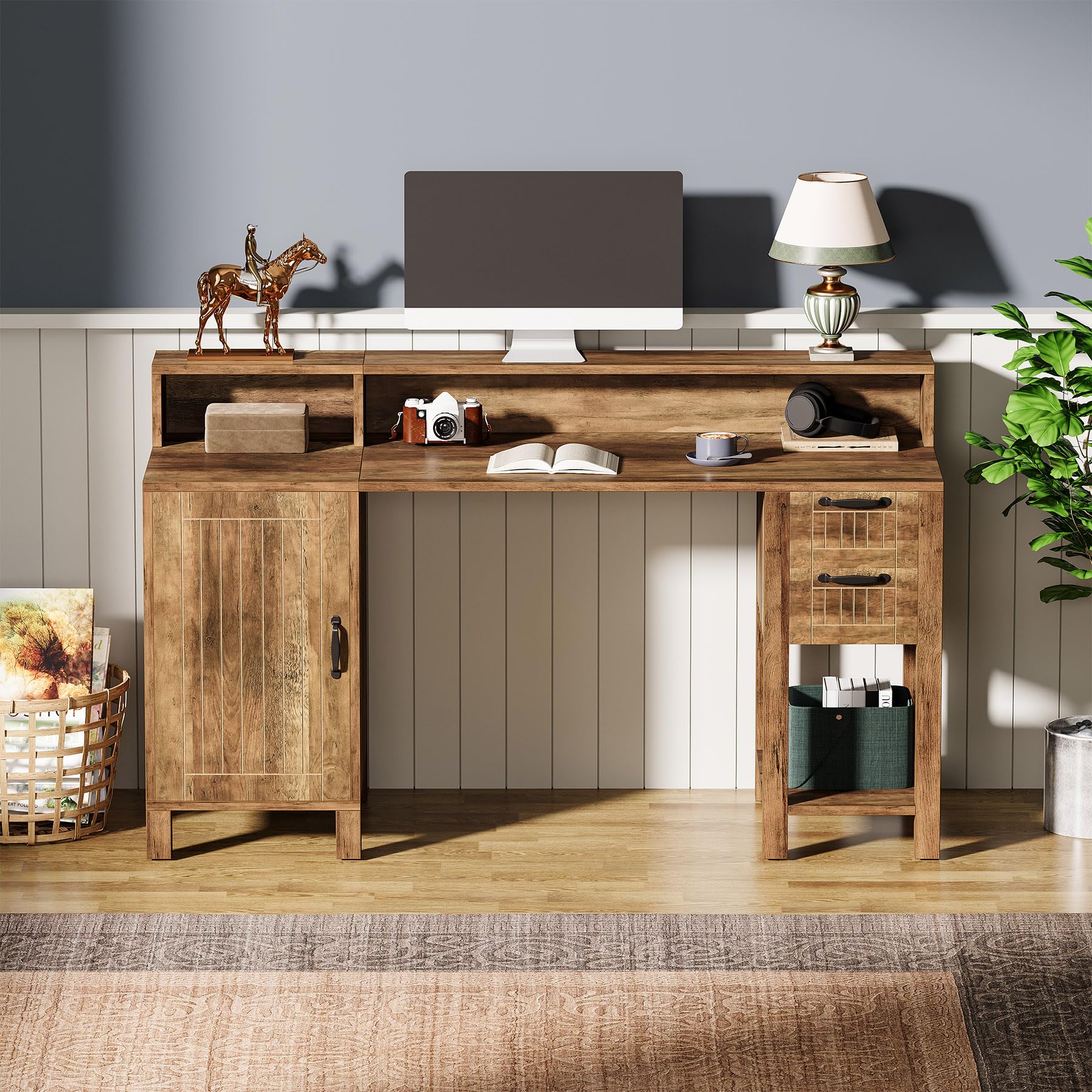 Tribesigns 55" Wood Executive Desk, Farmhouse Computer Desk with Drawers and Cabinet, Rustic Office Desk with Hutch and Storage Shelves, Large Study Writing Table for Home Office, Brown