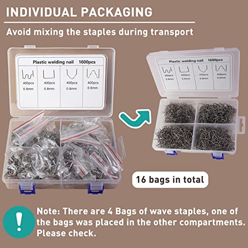 OIMERRY 1600PCS Hot Staples with Storage Box, Plastic Repair Staples Wave Flat V M 4 Types Hot Staples for Hot Stapler Plastic Wleding Kit Plastic Welder