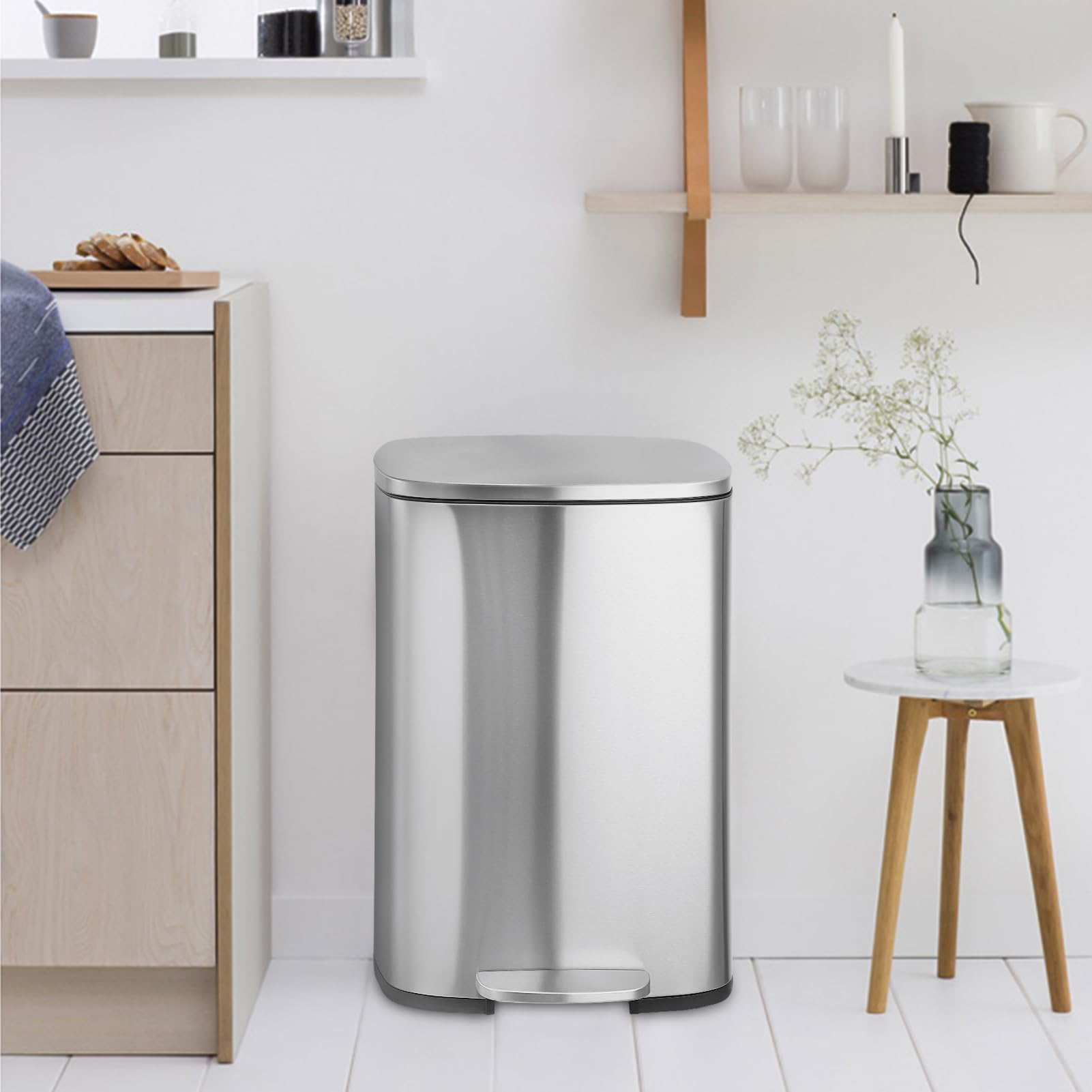 WELYFE 50L/13 Gallon Step Trash Can, Kitchen Garbage Can, Commercial Kitchen Trash Can with Soft Close Lid, Foot Pedal and Removable Inner Bucket, Semi-Round