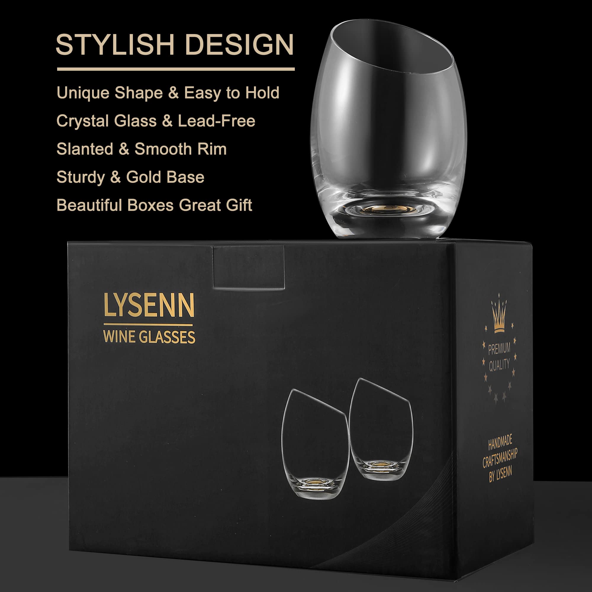 Lysenn Stemless Wine Glasses Set of 2 - Designer Hand Blown Crystal Whiskey Glasses - Unique Gold Base and Tilted Rim Brandy Snifter for Red Wine, Cocktails, Bourbon and Champagne β 10 oz.