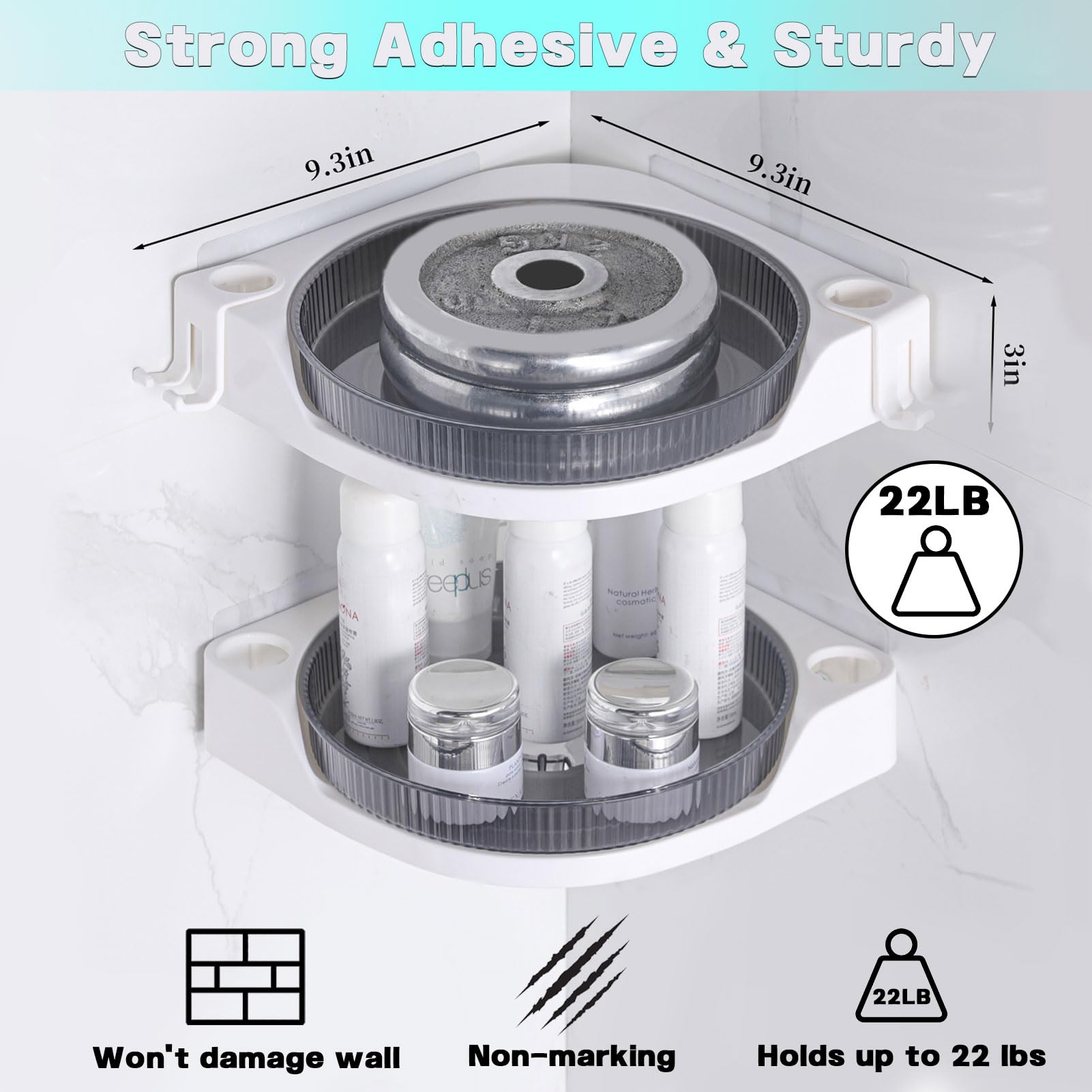 shuang qing 2 Pack Corner Shower Caddy, 360° Rotating Lazy Susan Shower Organizer, Corner Shower Shelf with 2 Hooks, Adhesive No Drilling Wall Mounted Shelves for Bathroom, Kitchen(Black)