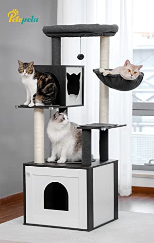 PETEPELA Modern Cat Tree Wood Cat Tower with Storage Cabinet Litter Box Enclosure and Spacious Cat Condo, Large Top Perch and Hammock, Sisal Covered Scratching Posts for Cats Black