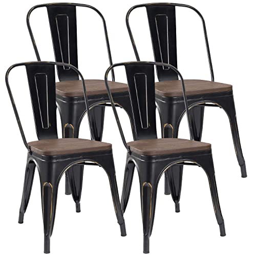 Shahoo Metal Dining Chairs Classic Iron Stackable Industrial Vintage Trattoria Wooden Seat and Back, Indoor-Outdoor Side Settee for Home Bistro Cafe Kitchen Restaurant Set of 4, Black and Gold