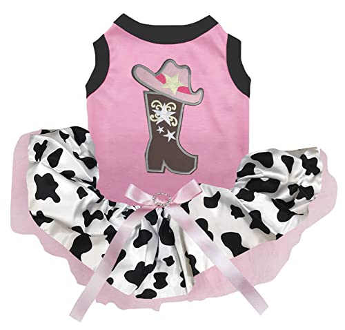 Petitebella Cowgirl Boot Hat Puppy Dog Dress (Pink/Cow, Small)