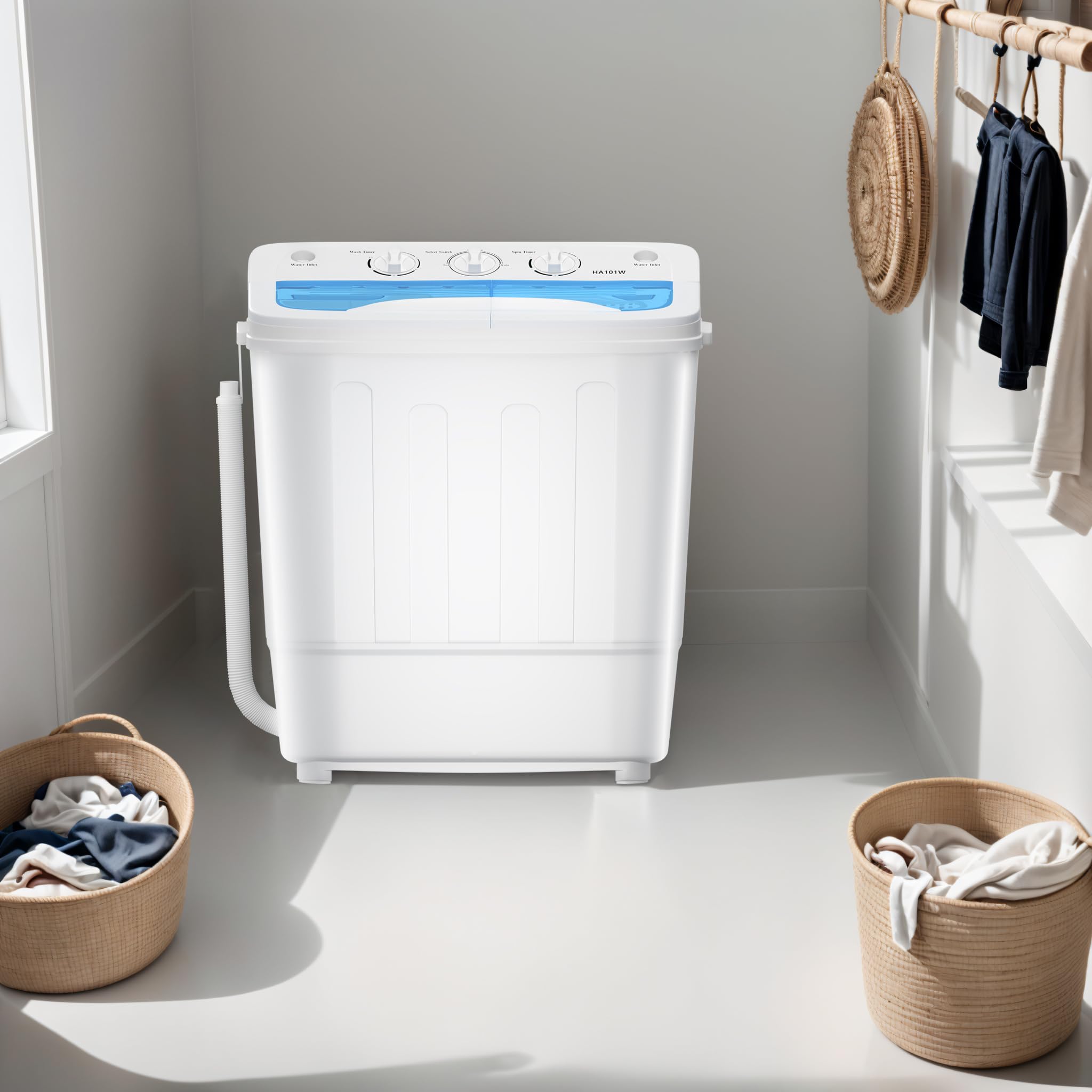 Sportpulse 18lbs Compact Mini Twin Tub Washing Machine with Drying Rack, 11lbs Portable Laundry Washer and 7lbs Spinner, Convenient and Efficient for Dorms, Apartment