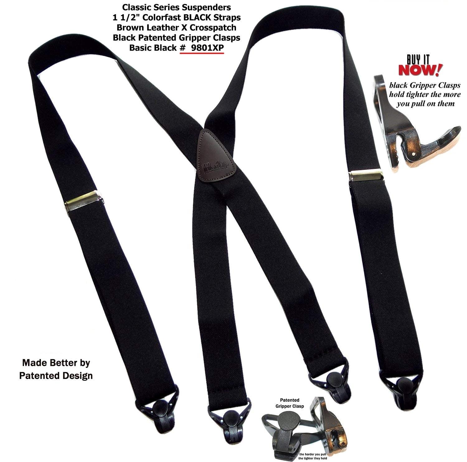 HoldUp Brand Classic Series Black 1 1/2" Suspenders for Men with USA Patented Black Gripper Clasp