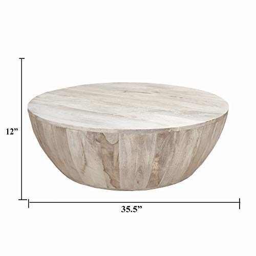 The Urban Port 12-Inch Height Round Mango Wood Coffee Table, Subtle Grains, Distressed White