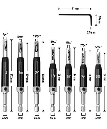 QWORK VIX Bits Self Centering Clic Change Door Hinge Drill Bit Set High-Speed Steel, 5/64", 7/64", 9/64", 11/65", 5mm, 13/64", 1/4"(Black)