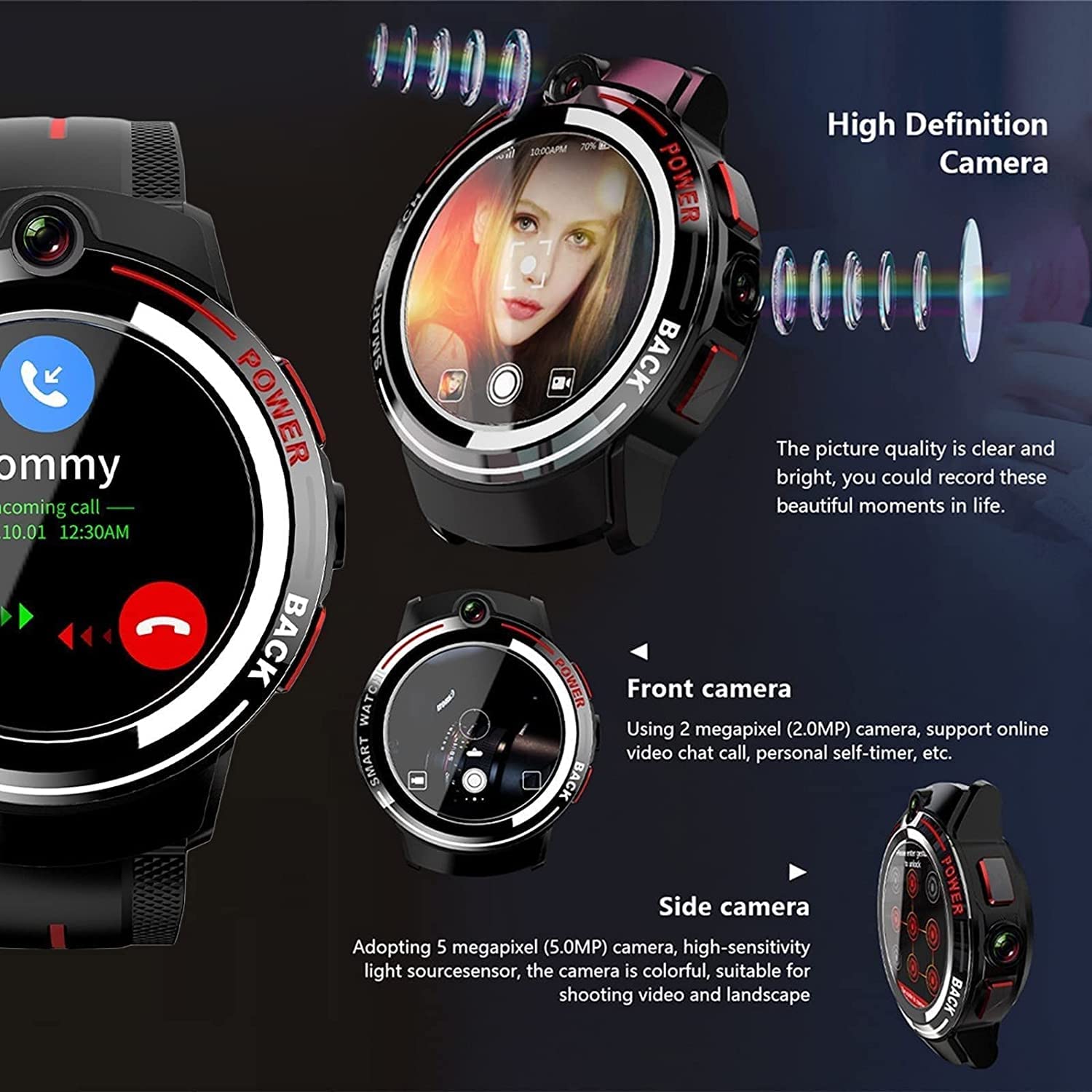 QINERSAW Smart Watch Men Ladies Universal with 2 Cameras Smart Watch with Call, Face ID, Tracker, Waterproof, App Message Reminder 32GB RAM