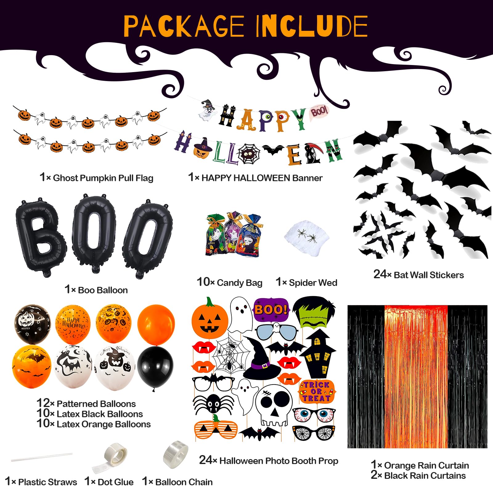 UJoyant 101 Pcs Halloween Party Decorations, Halloween Party Supplies - Ghost and Bat Pumpkin Banner, Halloween Multi Balloons, Photo Booth Props, Candy Gift Bags, Spider Wed