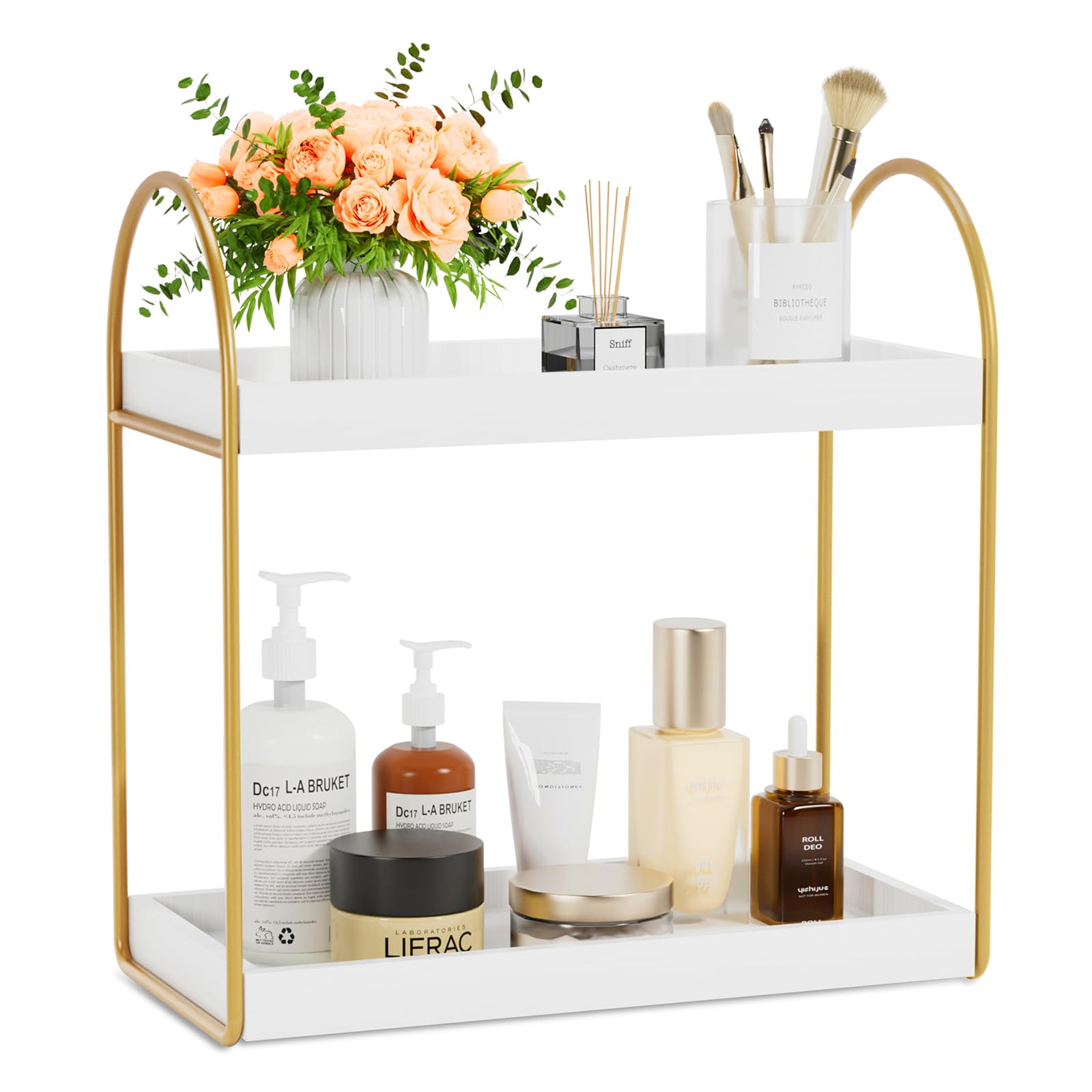 Xeapoms Bathroom Organizer Countertop, 2-Tier Simple Design Bathroom Counter Organizer, Wood Bathroom Tray for Vanity Organizer, Easy Assembly Kitchen Bathroom Countertop Organizer, White-Gold