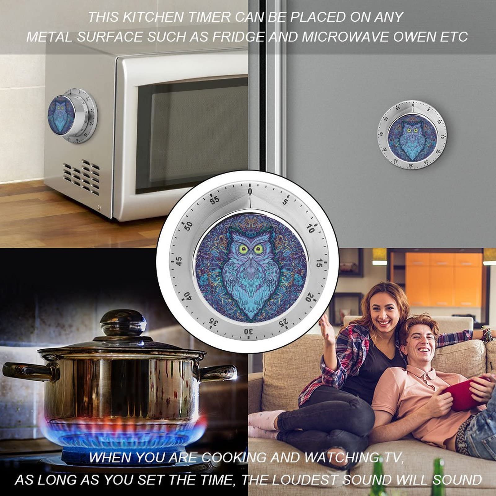 Kitchen Timer, Kitchen Timers for Cooking, Kitchen Timer Magnetic, Trippy Owl Psychedelic Mandala Pattern Waterproof Time Timer Stainless Steel Multiuse for Home Baking Cooking Oven