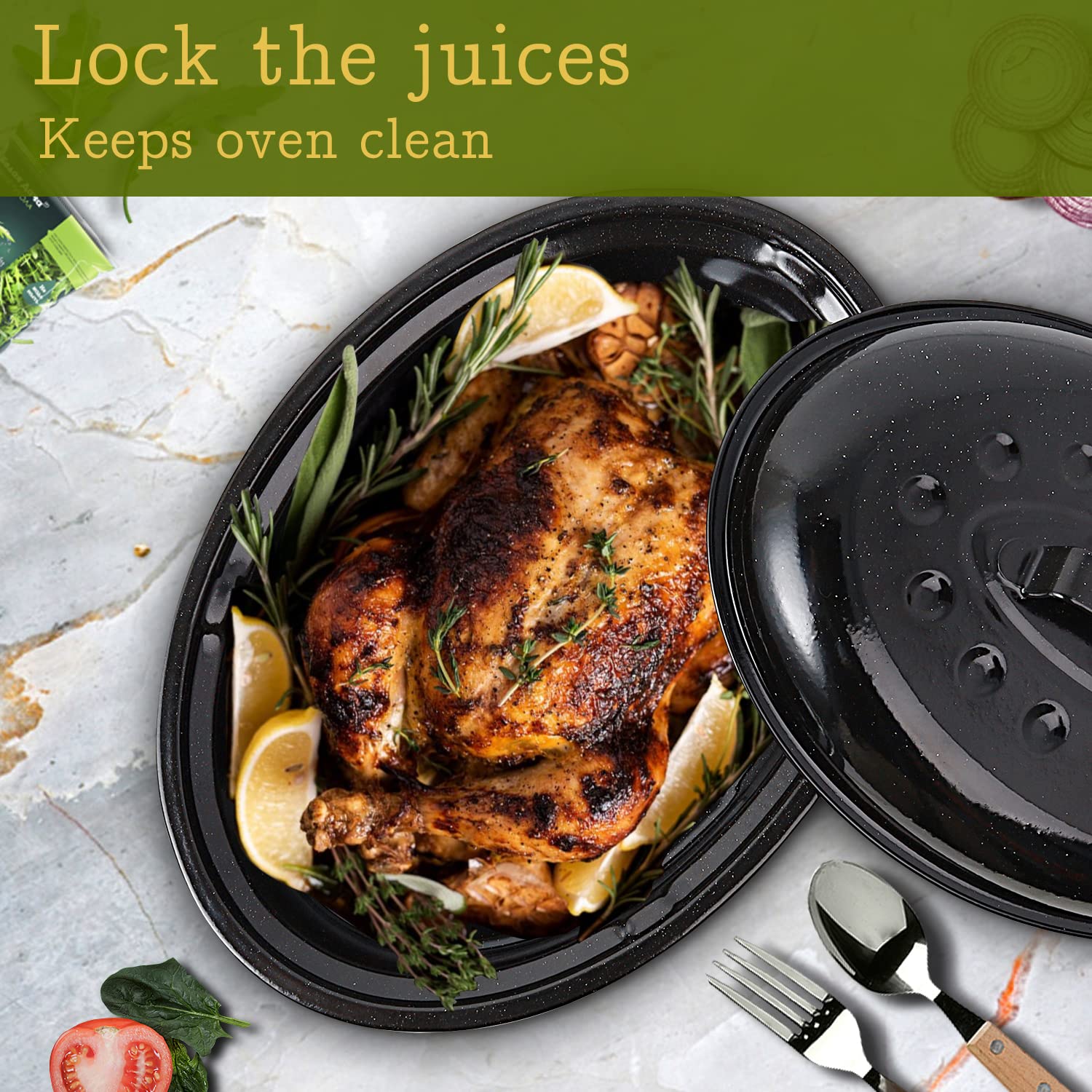 Letschef Roasting Pan 11Lb 15.7 inch Oval Enamel Oven Roaster Pan with Lid for Turkey Chicken Cookware PFOA free