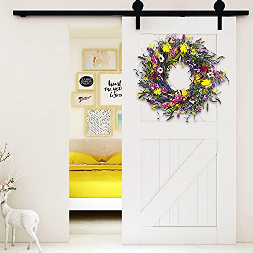 Sggvecsy Daisy and Lavender Wreath 22’’ Wildflower Spring Summer Artificial Silk Wreath for Front Door Home Wall Wedding Festival Farmhouse Holiday Decor
